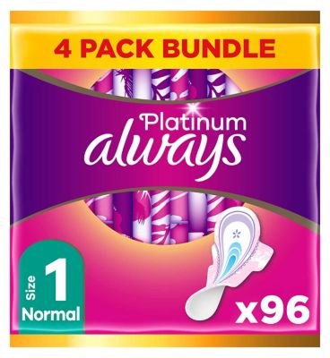 Always Platinum Normal (Size 1) Pads Wings 24 Sanitary Towels x4 Bundle ...
